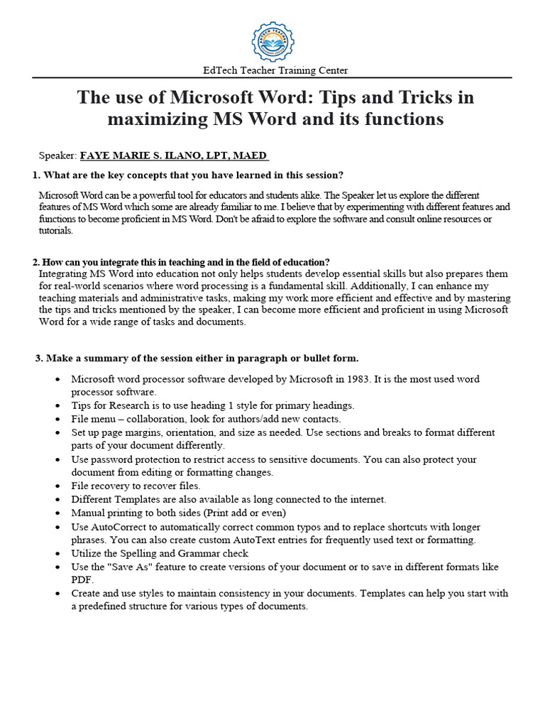 The use of Microsoft Word Tips and Tricks in maximizing MS Word and its ...