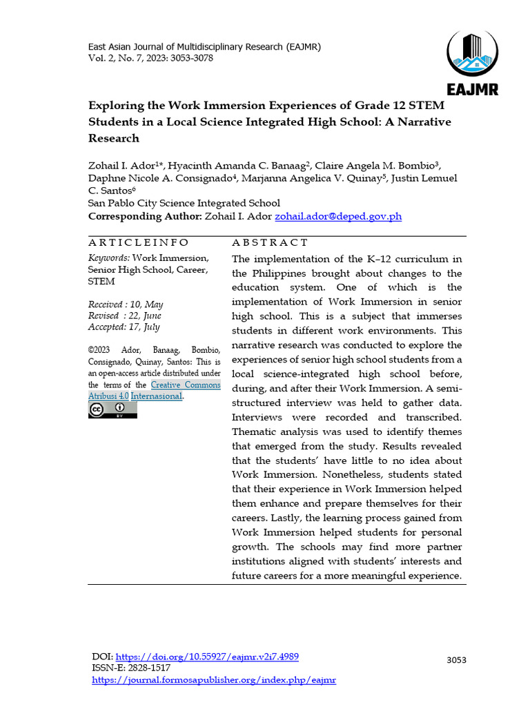 Exploring The Work Immersion Experiences of Grade 12 STEM Students in A ...