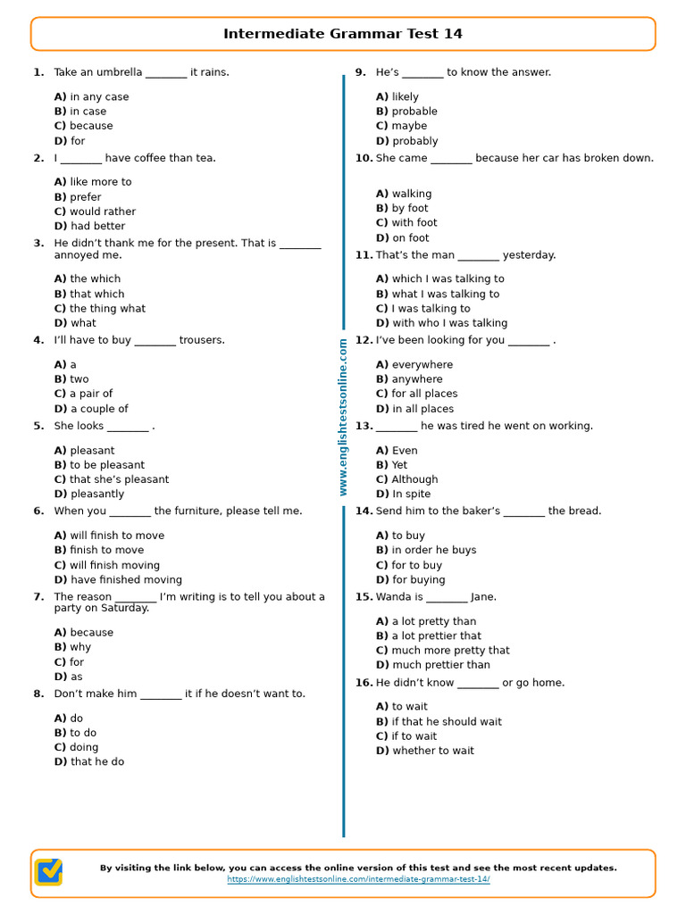 Intermediate English Grammar Test 14 | PDF