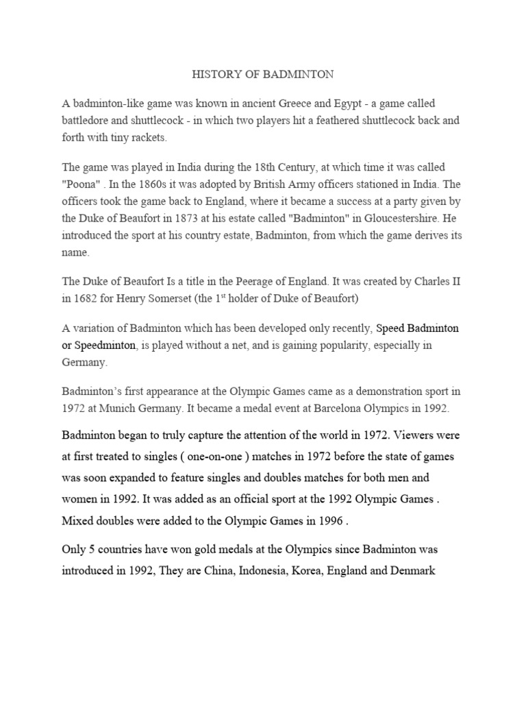 History and Evolution of Badminton | PDF | Art