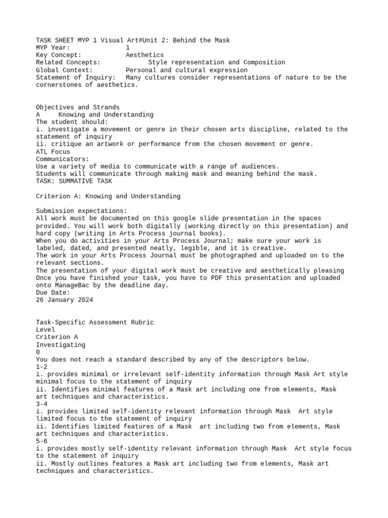 VA MYP1 U2 Task 1.2 Knowing Understanding Mask Art Student S Name | PDF | Citation | Information