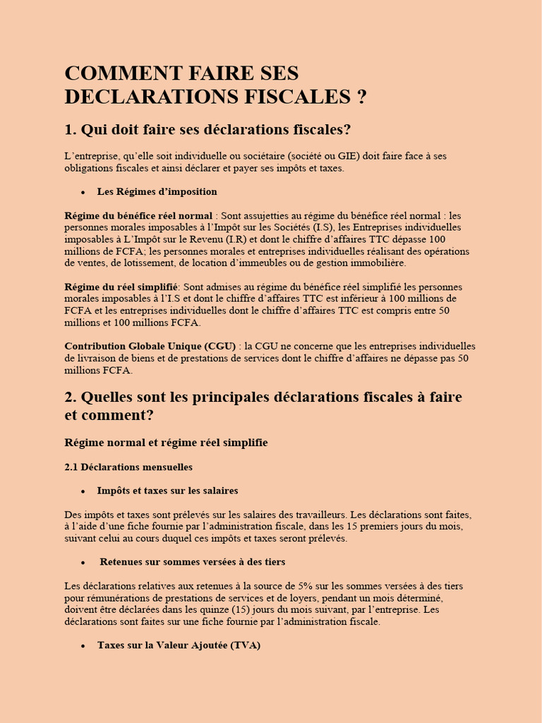 Guide des Déclarations Fiscales Entreprises | PDF | Impôt sur le revenu ...