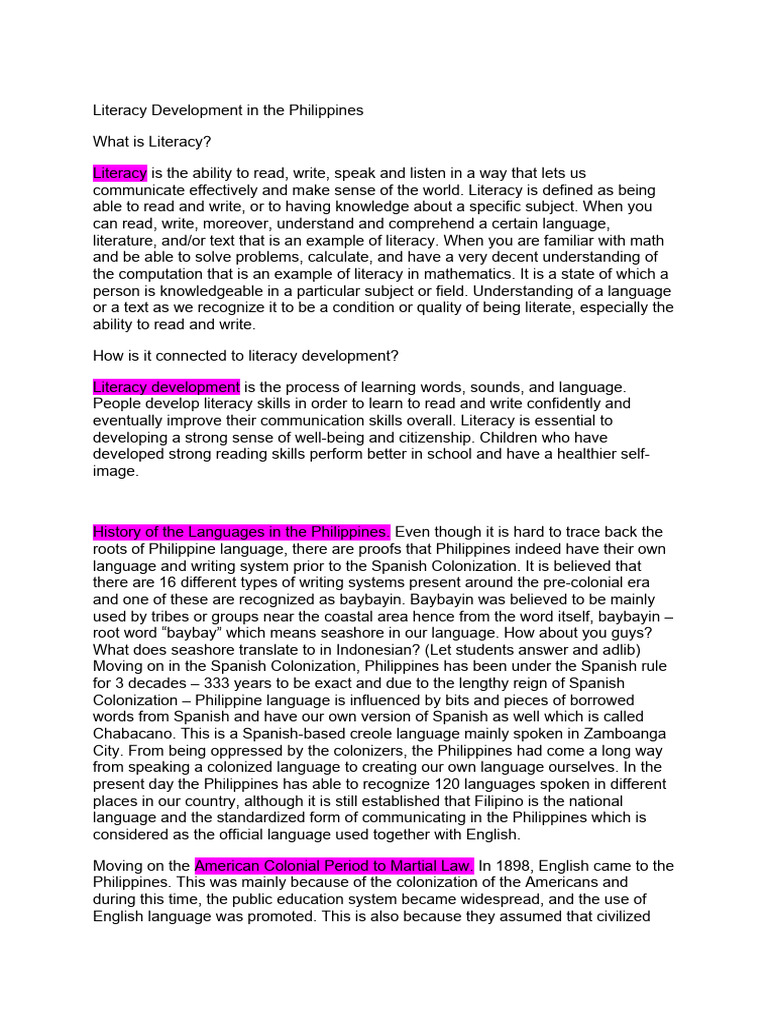 Literacy Development in The Philippines - Material | PDF | Literacy ...