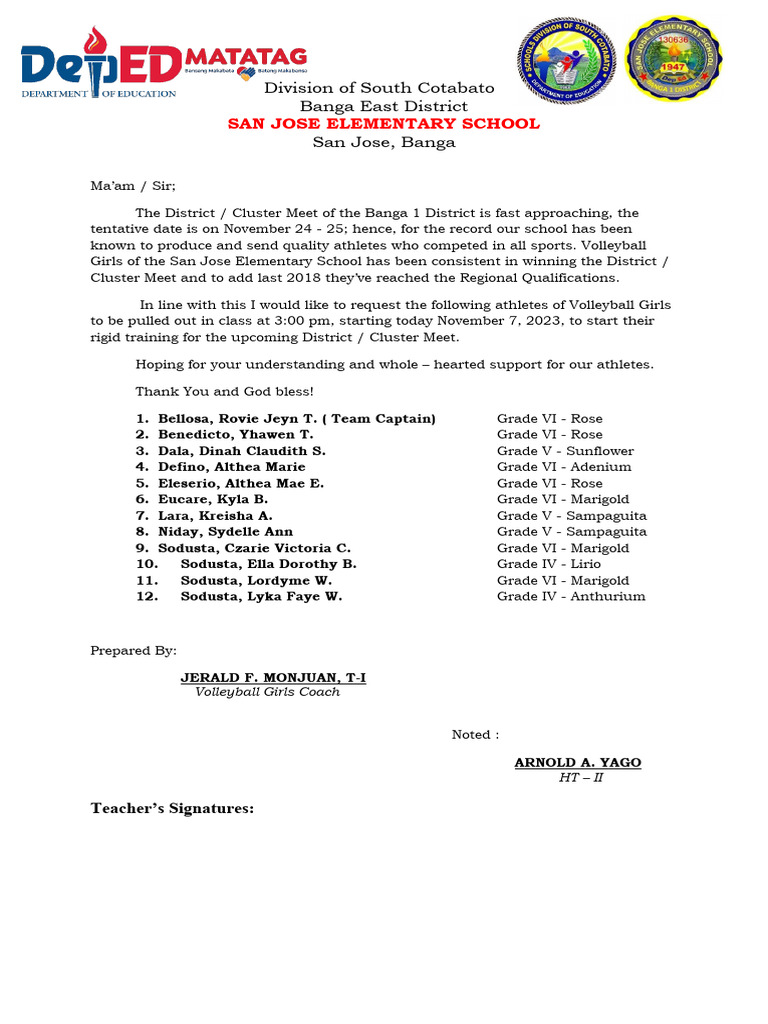 Excuse Letter For Athletes | PDF