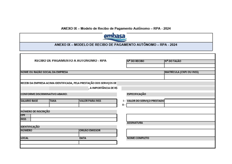 ANEXO IX - Modelo de Recibo de Pagamento Autônomo - RPA 2024 | PDF ANEXO IX - Modelo de Recibo de Pagamento Autônomo - RPA 2024 | PDF