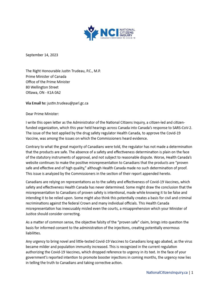 NCI Letter To Prime Minister 2023 09 14 Eng | PDF