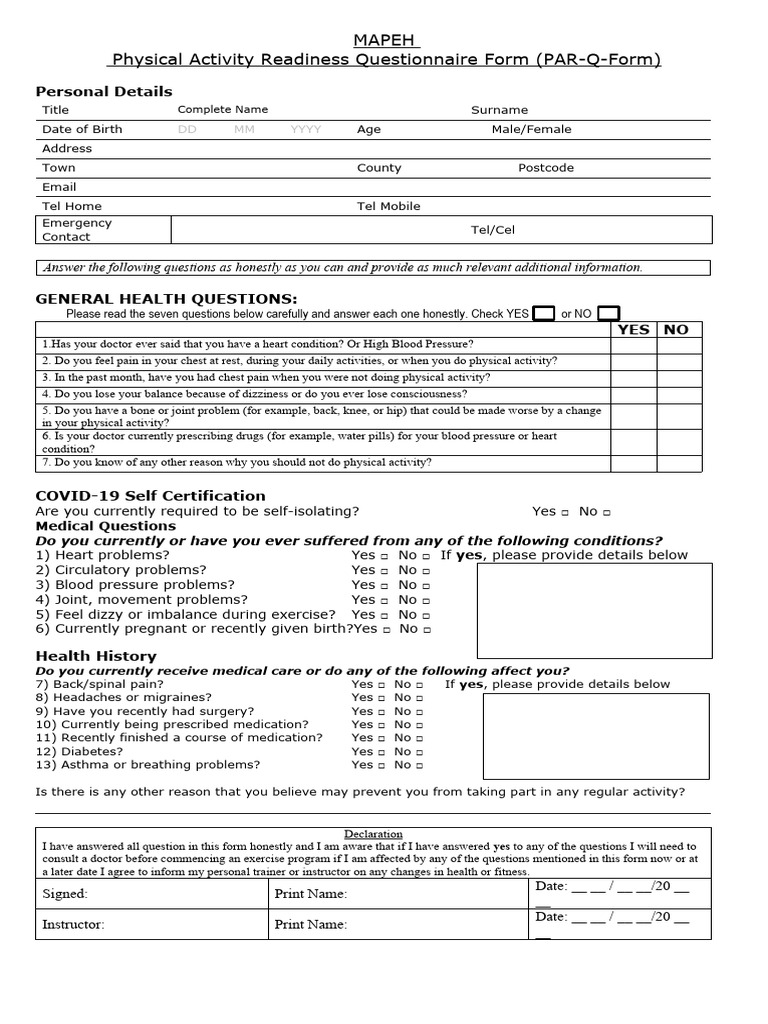 PAR Q FORM (Pre Activity Readiness Questionnaire) With COVID-19 (FINAL ...