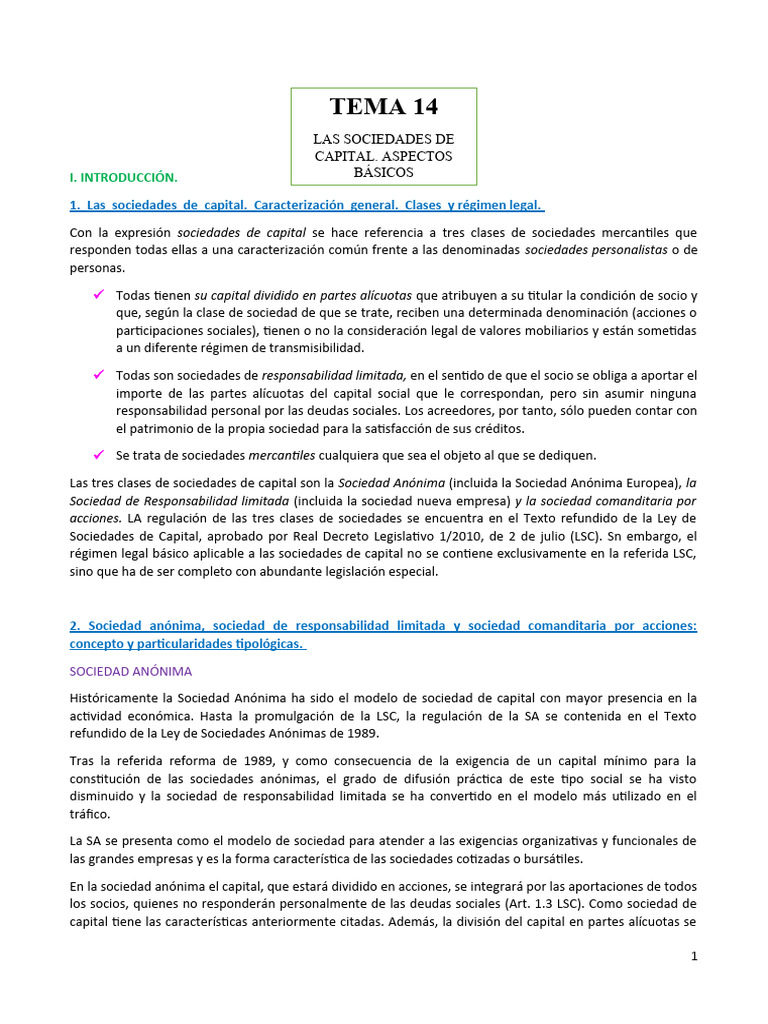 Mercantil 1. Tema 14. Las Sociedades de Capital. Aspectos Básicos | PDF | Sociedad | Sociedad de ...