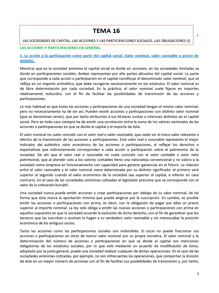 Mercantil 1. Tema 16. Las Sociedades de Capital. Las Acciones y Las Participaciones Sociales ...