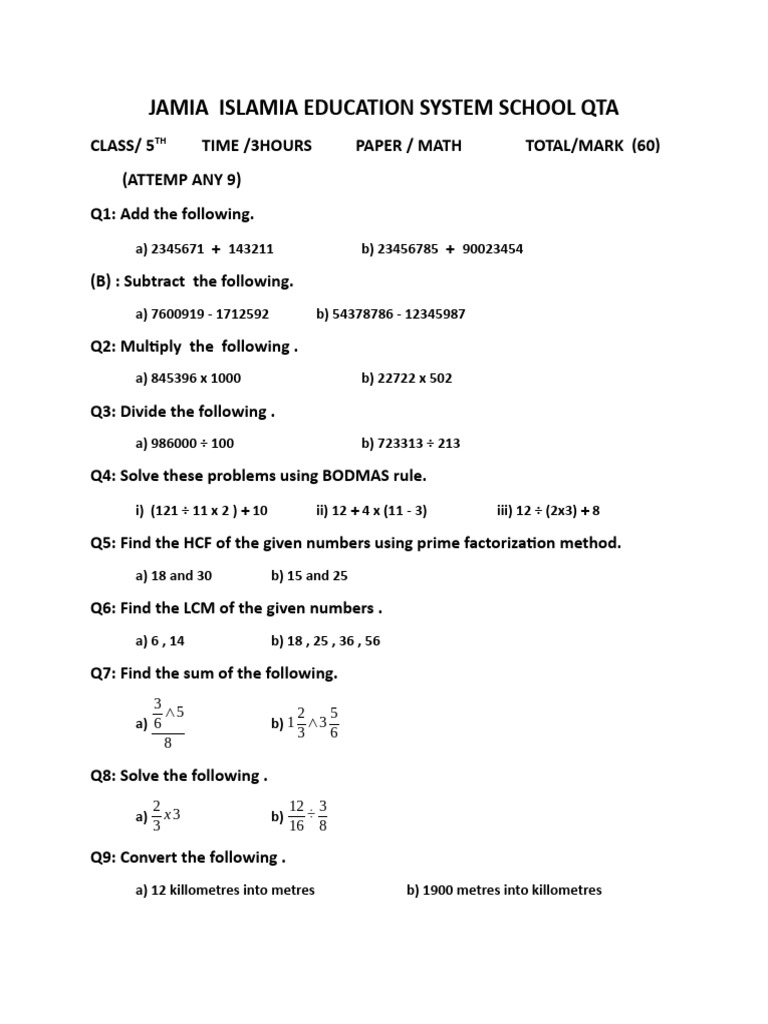5 Math Jamia Islamia Education System School Qta | PDF