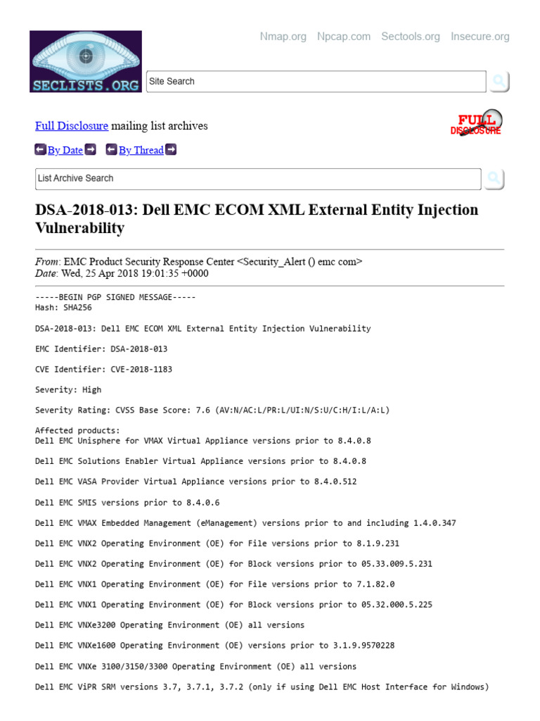 Full Disclosure - DSA-2018-013 - Dell EMC ECOM XML External Entity Injection Vulnerability | PDF ...