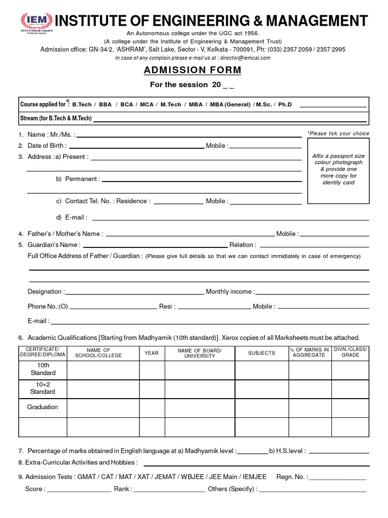 Institute of Engineering & Management: Admission Form | PDF ...
