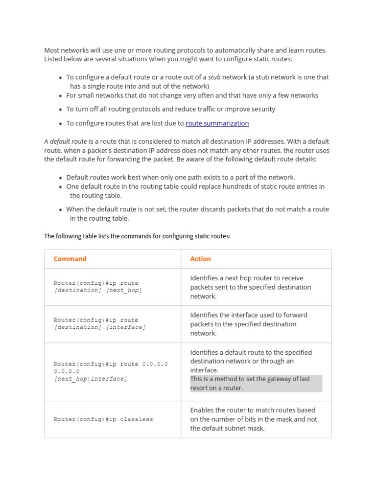 7.4.2 Static and Default Route Command List | PDF | Ip Address | Router (Computing)