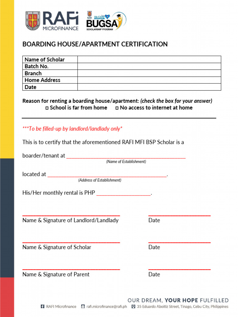 BSP Boarding House or Apartment Certification Template - 20220816 | PDF