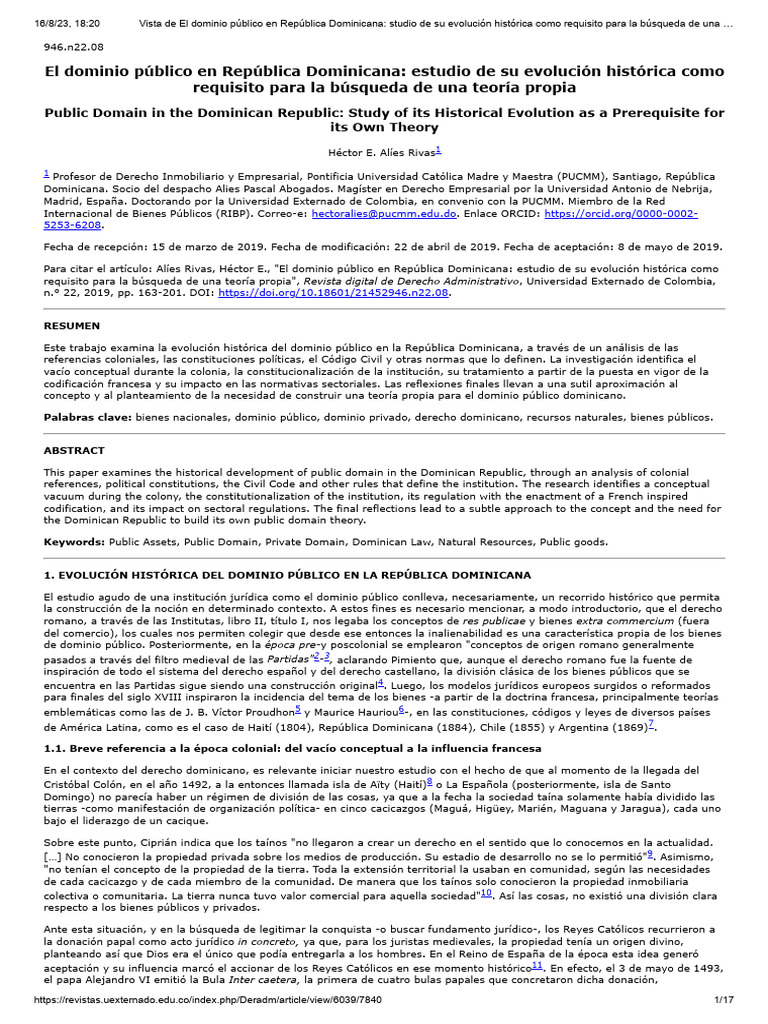 El Dominio Público en República Dominicana: Estudio de Su Evolución Histórica Como Requisito ...