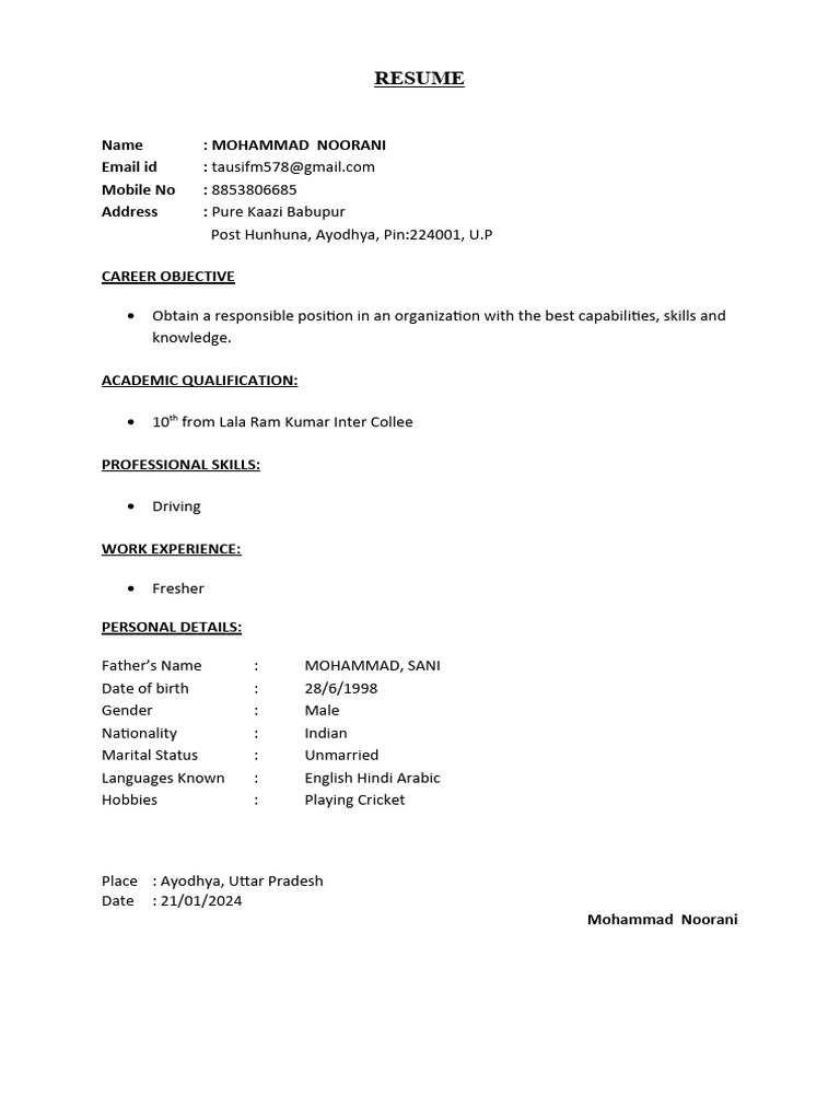 Mohammad Noorani Fresher-Resume | PDF