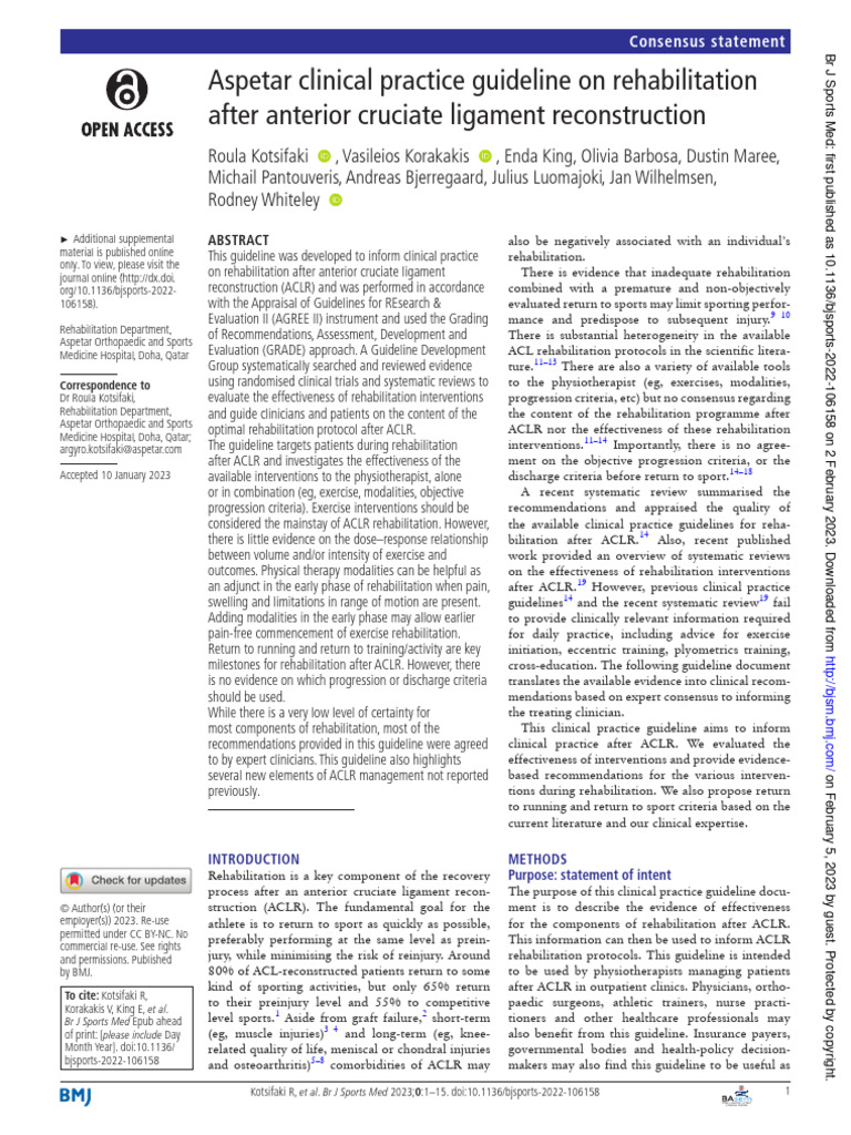 Aspetar Clinical Practice Guideline On Rehabilitation After Anterior Cruciate Ligament ...