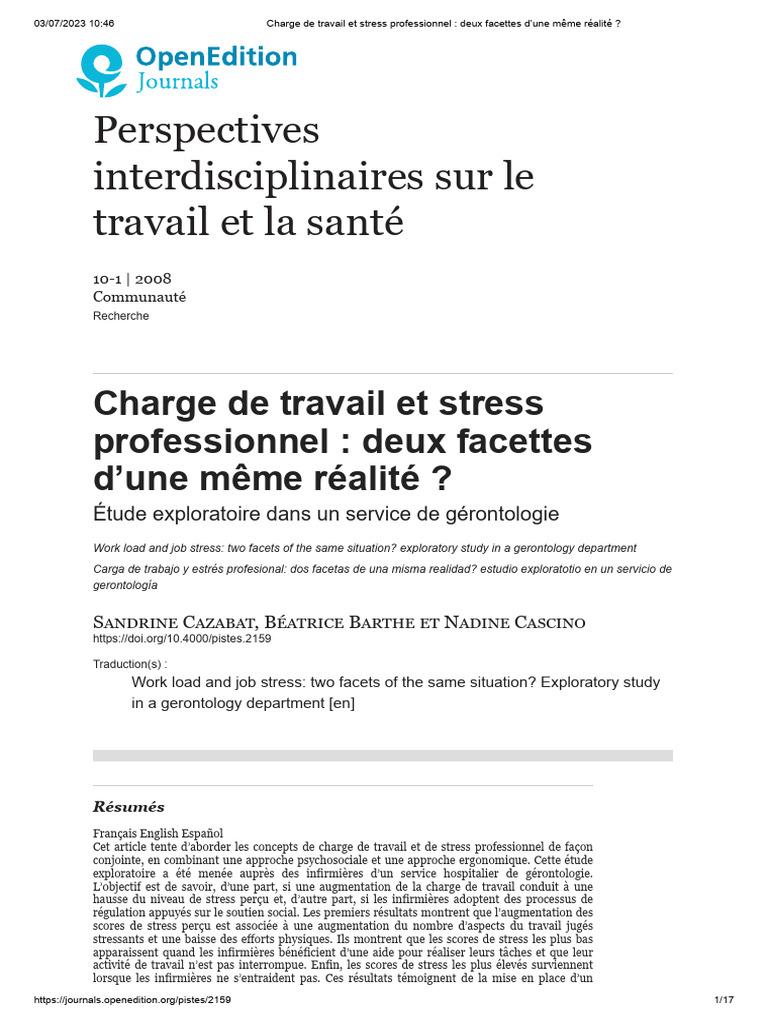 Charge de Travail Et Stress Professionnel - Deux Facettes D'une Même ...