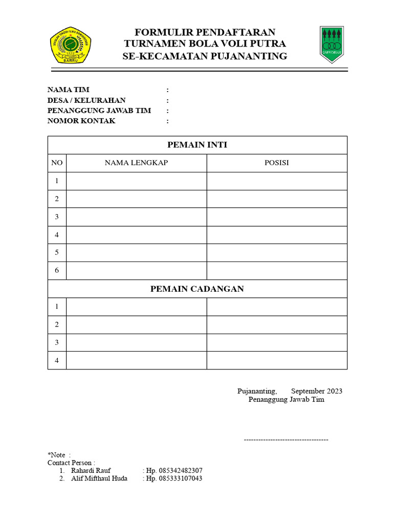 Formulir Pendaftaran Turnamen Bola Voli | PDF
