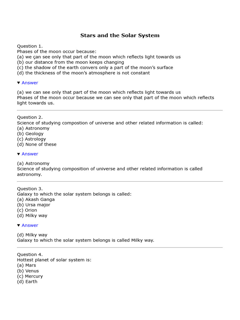 Stars and The Solar System: Answer | PDF | Planets | Solar System