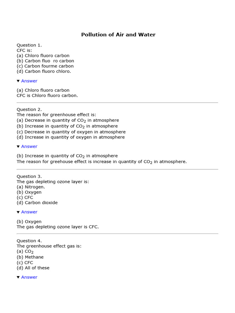 Pollution of Air and Water: Answer | PDF | Atmosphere Of Earth | Water