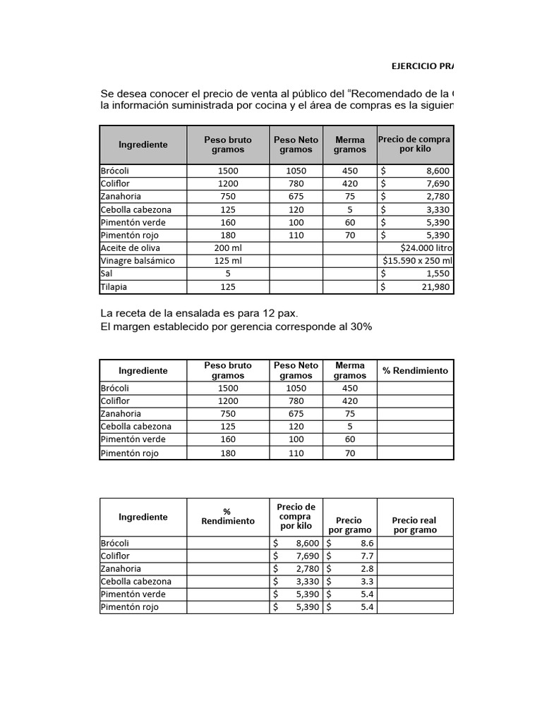 Ejercicio Subreceta y Receta Estándar | PDF | ensalada | Cultivos
