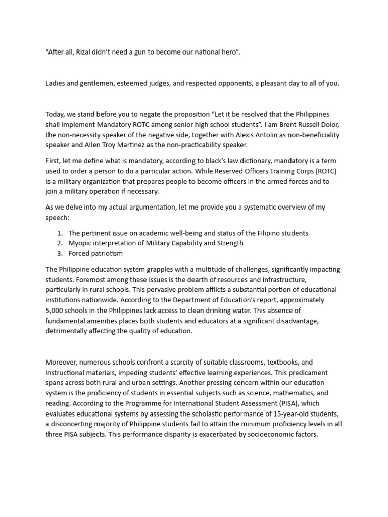Debate Speech ROTC | PDF | Programme For International Student Assessment