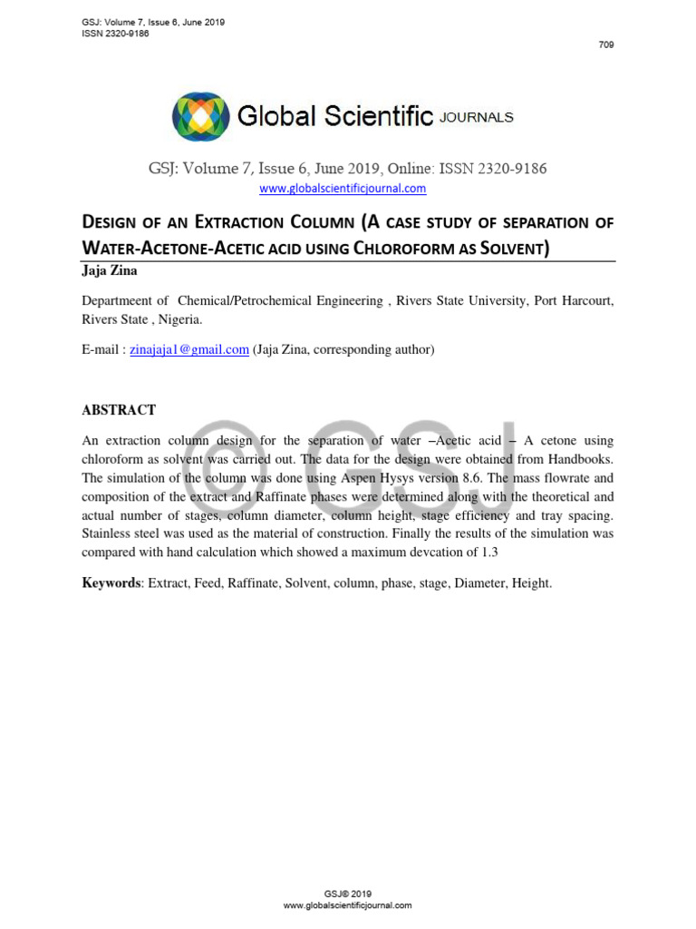 Design of An Extraction Column A Case Study of Separation of Water ...