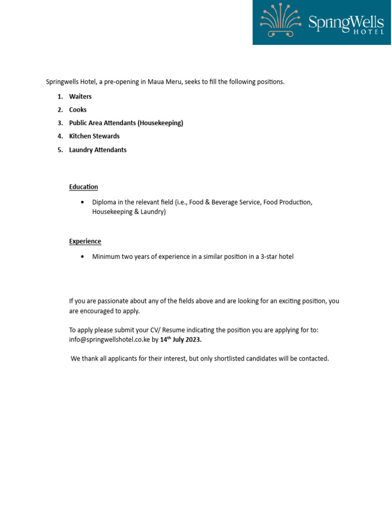 Springwells Hotel Job Openings in Maua | PDF | Business | Social Science