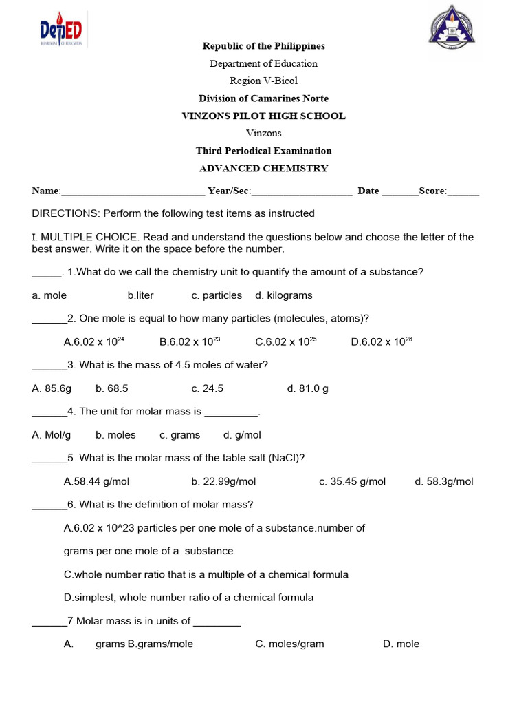 4th Quarter Test Advance Chem | PDF | Mole (Unit) | Gases