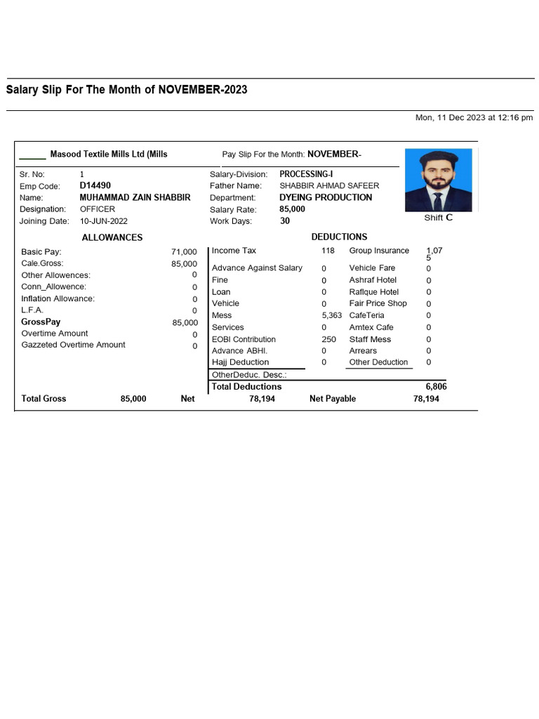Salary Slip For The Month of NOVEMBER-2023 | PDF