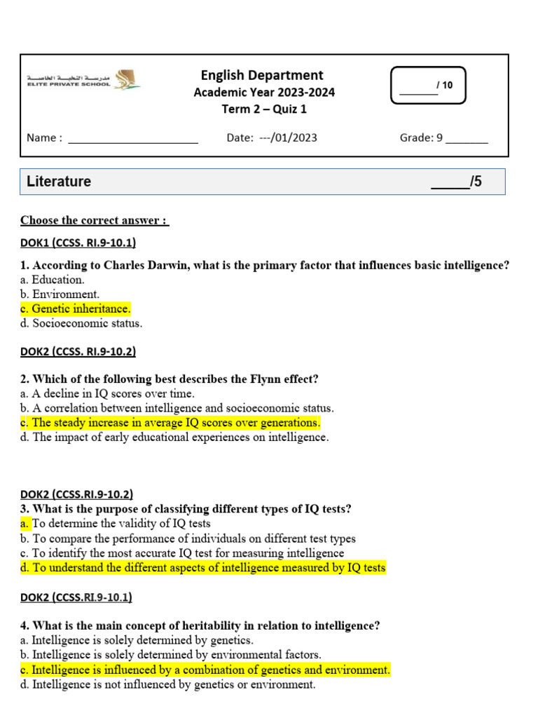 Quiz 1 - G9 | Download Free PDF | Intelligence Quotient | Intelligence
