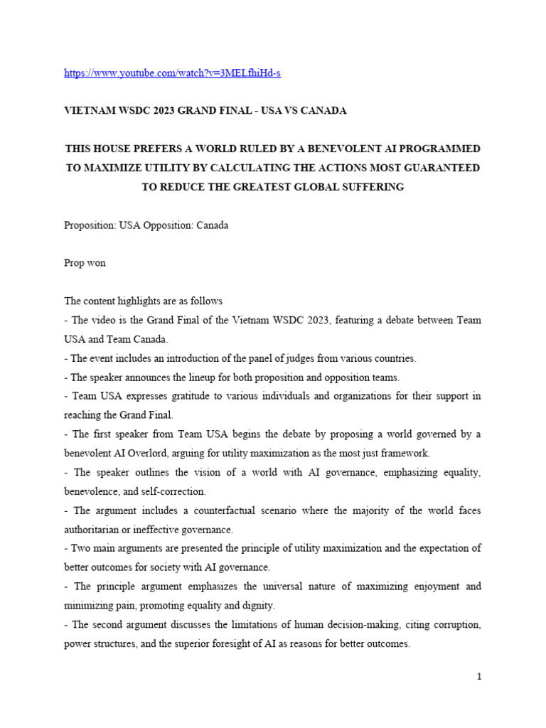 Complete Debate Transcript of Grandfinal of WSDC 2023 Between Usa VS ...