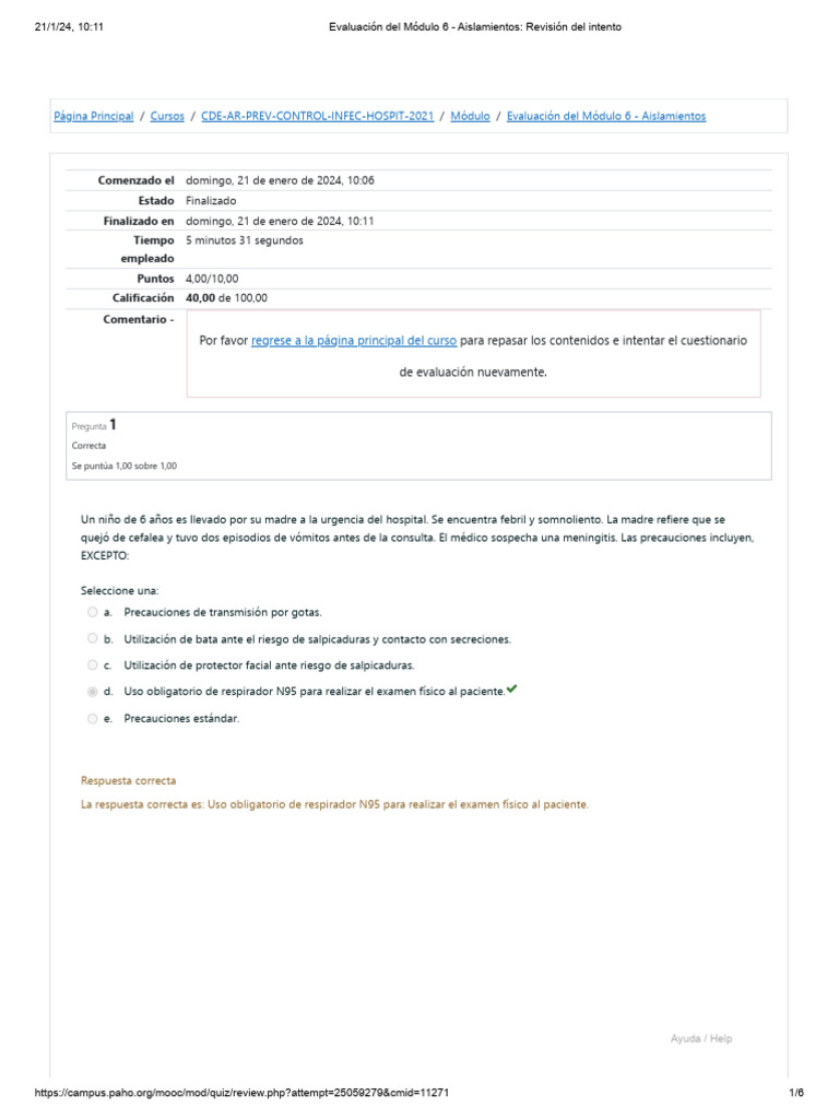 Evaluación Del Módulo 6 - Aislamientos | Descargar gratis PDF | Infección | Lavado de manos
