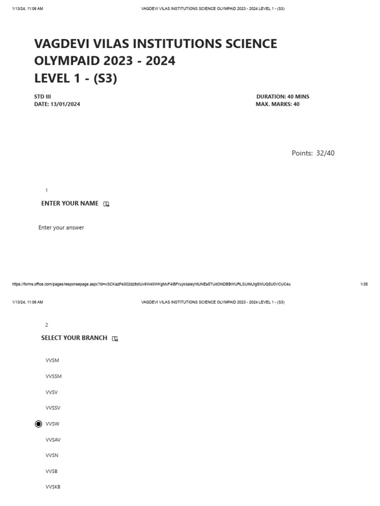 Vagdevi Vilas Institutions Science Olympaid 2023 - 2024 Level 1 - (S3 ...