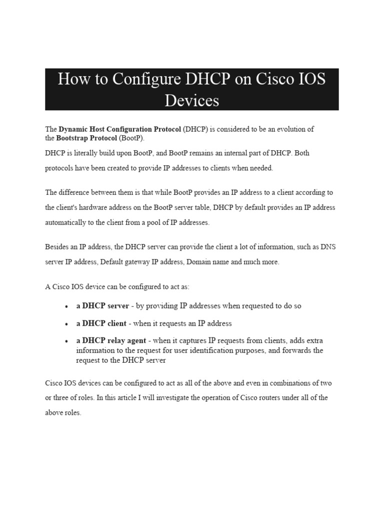 Configure DHCP On Cisco IOS Devices | PDF | Ip Address | Router (Computing)
