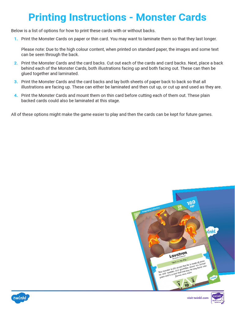 Monster Cards Printing Options Guide | PDF