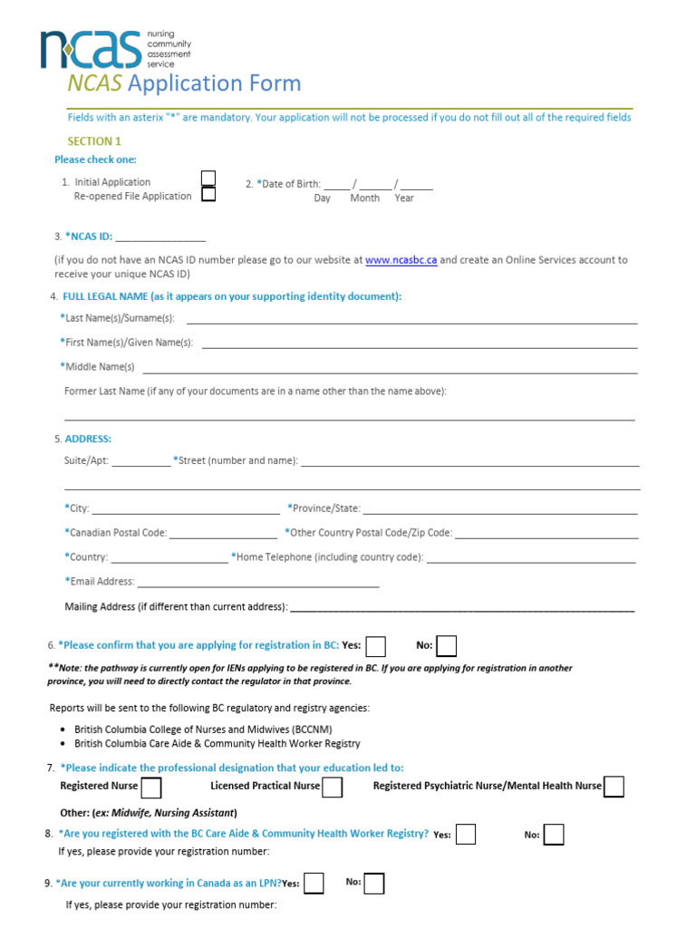 NCAS Application Form for BC Nurses | PDF