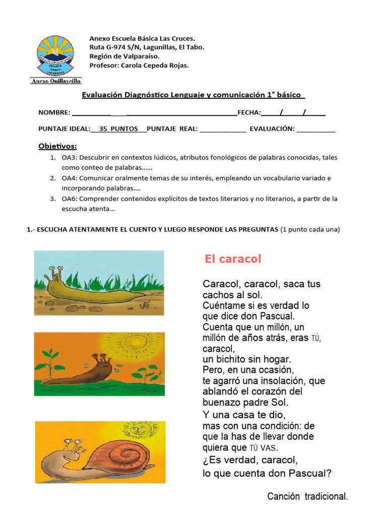 1° Evaluación Diagnóstica Lenguaje Pdf 4243
