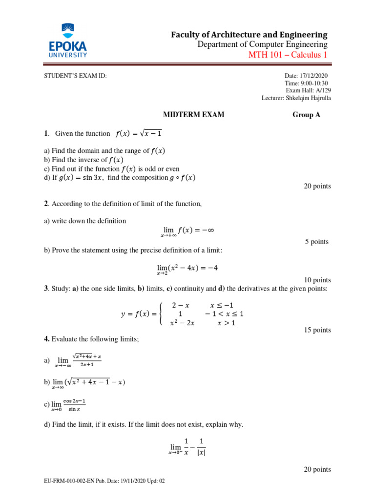 Calculus Midterm | PDF | Function (Mathematics) | Logic