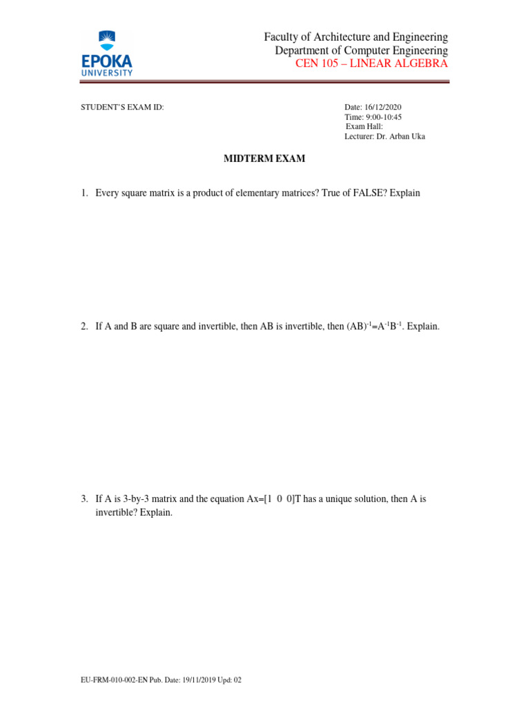 Algebra Midterm | PDF | Matrix (Mathematics) | Linear Map