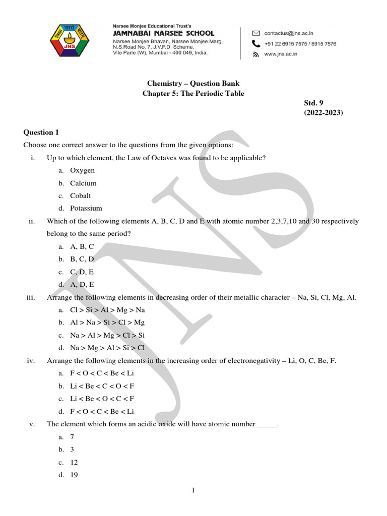 Periodic Table Question Bank Std. 9 | PDF | Periodic Table | Sodium