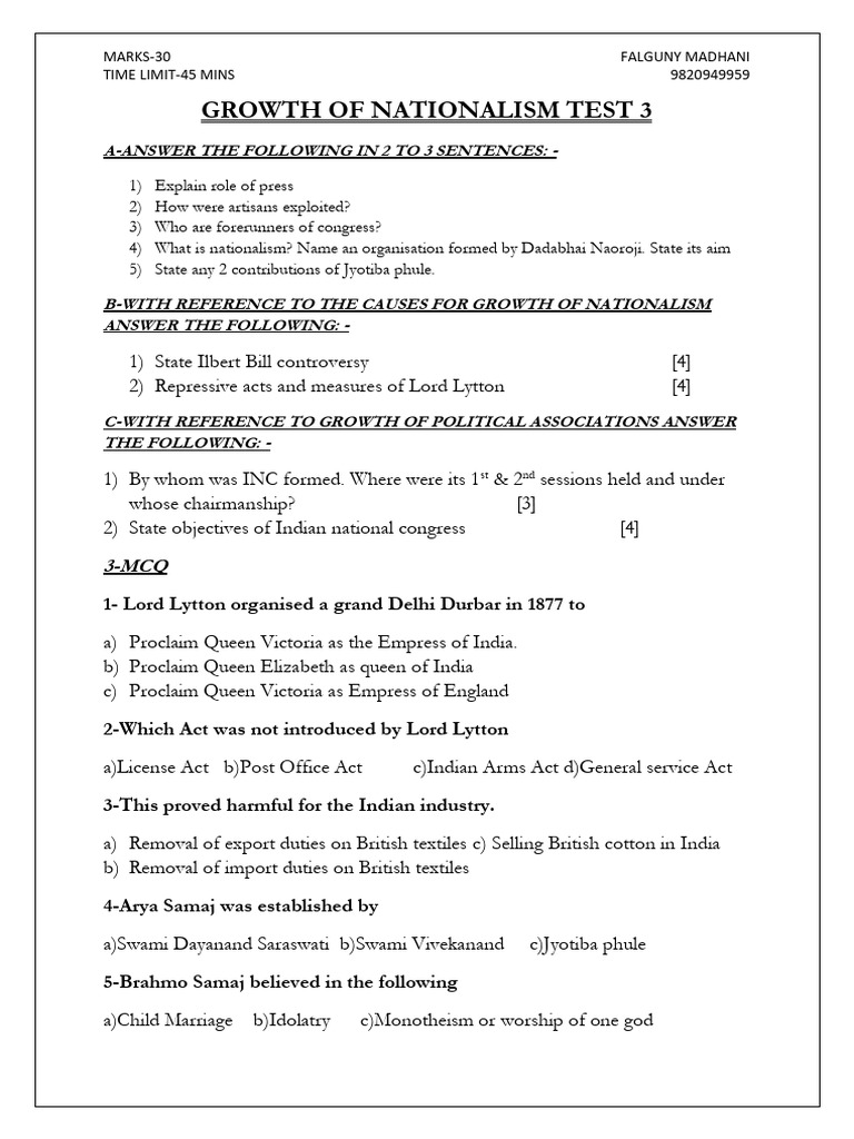 Growth of Nationalism Test 3 With MCQ | PDF