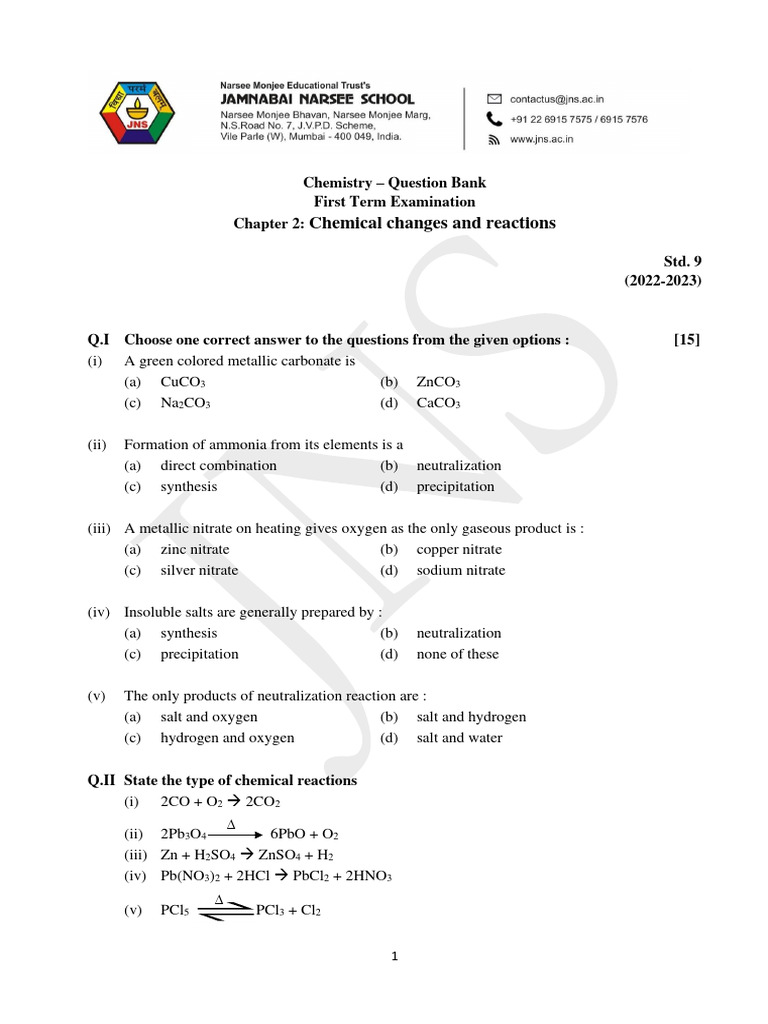 Question Bank On Chemical Changes and Reactions STD - 9 | PDF ...