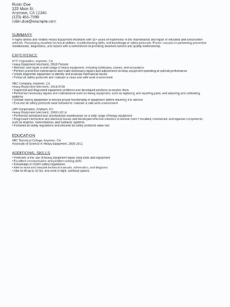 Heavy Equipment Mechanic Resume Sample Template | PDF