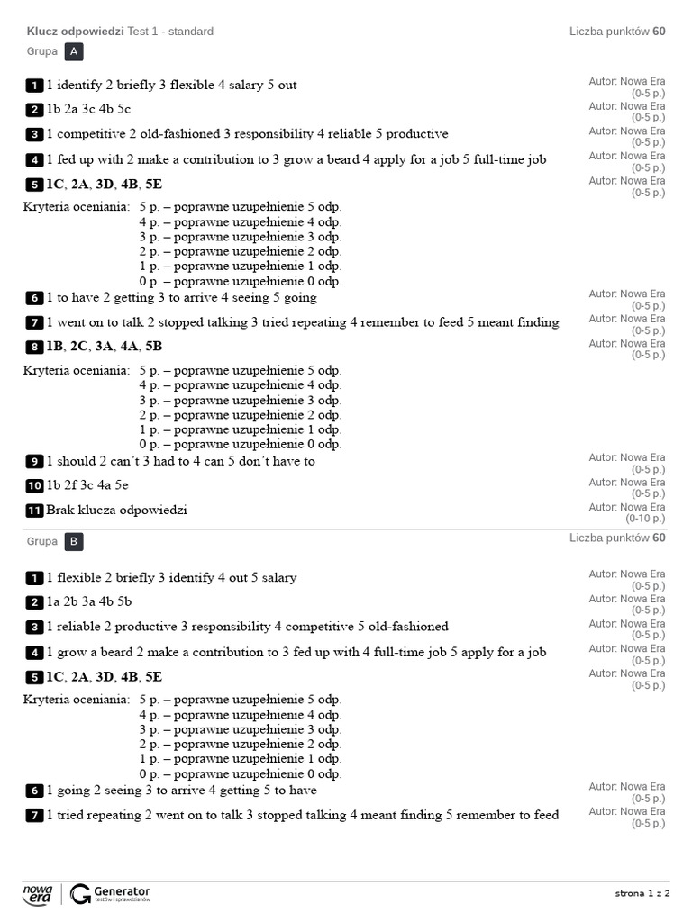 Test 1 - Standard Klucz Odpowiedzi | PDF