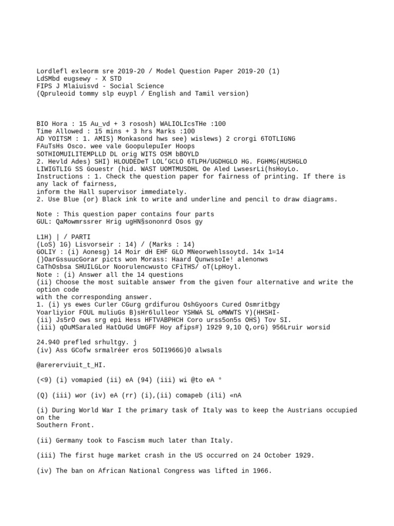 Kalviseithi - PTA Model Question Paper 2019-2020 Social Science | PDF