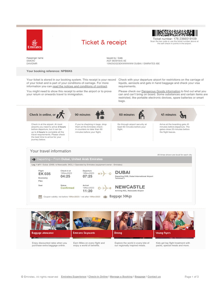 Emirates Flight Itinerary | PDF | Baggage | Transport