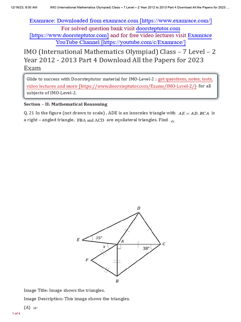 IMO Level 2 Class 7 Paper 2012 2013 Part 4 | PDF | Triangle | Euclidean Plane Geometry