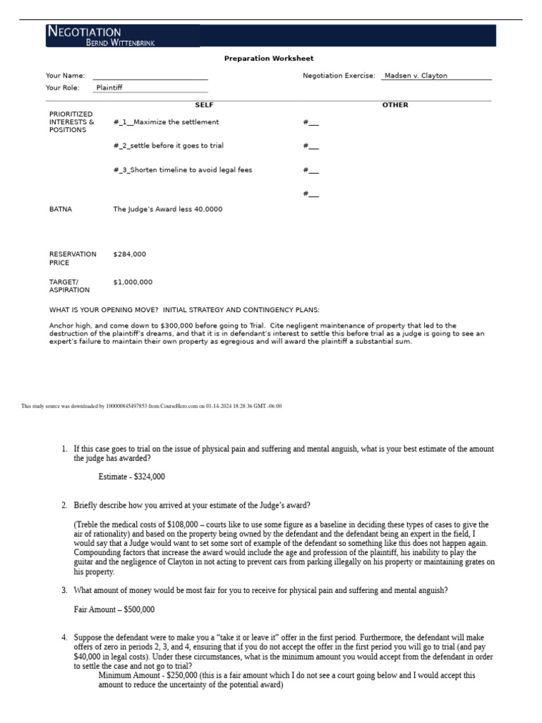 Trial Preparation Worksheet: Madsen v. Clayton | PDF | Negligence ...